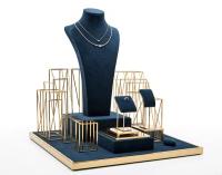 China Modern Geometric Jewelry Display Stand Set Navy Velvet Gold Metal for Luxury Jewelry Store for sale