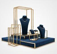 China Modern Geometric Jewelry Display Stand Set Navy Velvet Gold Metal for Luxury Jewelry Store for sale