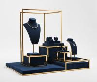 China Modern Geometric Jewelry Display Stand Set Navy Velvet Gold Metal for Luxury Jewelry Store for sale
