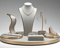 China Modern Durable High Quality Jewelry Display Stand Set Gray Velvet Gold Metal Frame for Retail Shop for sale