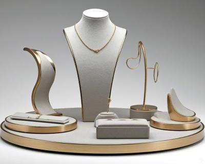 China Modern Durable High Quality Jewelry Display Stand Set Gray Velvet Gold Metal Frame for Retail Shop for sale
