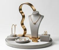 China Modern Durable High Quality Jewelry Display Stand Set Gray Velvet Gold Metal Frame for Retail Shop for sale