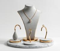 China High End Jewelry Counter Display Set Gray Velvet Gold Metal Marble Stand for Jewelry Boutique for sale