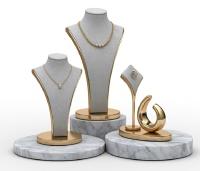 China High End Jewelry Counter Display Set Gray Velvet Gold Metal Marble Stand for Jewelry Boutique for sale