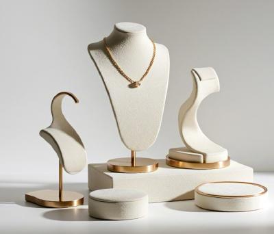 China Luxury Beige Velvet Jewelry Display Set Gold Metal Frame Durable High Quality Necklace Bust Stand for Retail Shop for sale