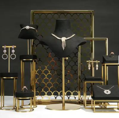 China Custom Luxury Jewelry Display Props Set, Premium Gold Frame Velvet Stand for Fine Jewelry for sale