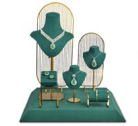China Luxury Emerald Green Velvet Arch Metal Jewelry Display Set, High-End Jewelry Showcase for Necklace, Ring & Watch for sale