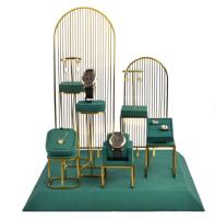 China Luxury Emerald Green Velvet Arch Metal Jewelry Display Set, High-End Jewelry Showcase for Necklace, Ring & Watch for sale
