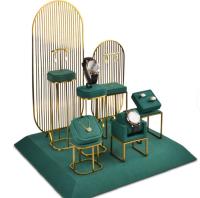 China Luxury Emerald Green Velvet Arch Metal Jewelry Display Set, High-End Jewelry Showcase for Necklace, Ring & Watch for sale