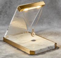 China Custom Luxury Suspended Jewelry Display Case, Premium Gold Frame Acrylic Showcase with LED Light for sale