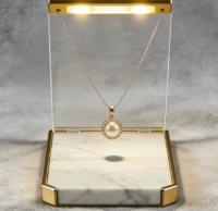 China Custom Luxury Suspended Jewelry Display Case, Premium Gold Frame Acrylic Showcase with LED Light for sale
