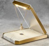 China Custom Luxury Suspended Jewelry Display Case, Premium Gold Frame Acrylic Showcase with LED Light for sale