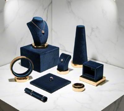 China Luxury Navy Blue Velvet Gold Base Jewelry Display Set, High-End Jewelry Showcase for Ring, Necklace & Bangle for sale