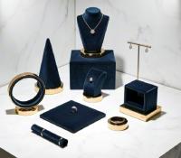 China Luxury Navy Blue Velvet Gold Base Jewelry Display Set, High-End Jewelry Showcase for Ring, Necklace & Bangle for sale