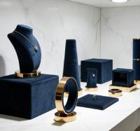 China Luxury Navy Blue Velvet Gold Base Jewelry Display Set, High-End Jewelry Showcase for Ring, Necklace & Bangle for sale