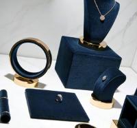China Luxury Navy Blue Velvet Gold Base Jewelry Display Set, High-End Jewelry Showcase for Ring, Necklace & Bangle for sale