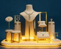 China Luxury LED Lighted Beige Velvet Jewelry Display Set, Necklace Bust with Gold Metal Frame for High-End Jewelry for sale