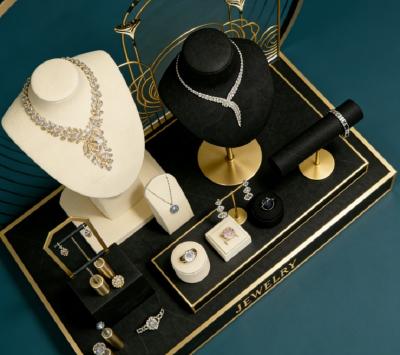 China Black & Beige Velvet Jewelry Display Set, Necklace Bust with Gold Oriental Metal Frame for High-End Jewelry for sale