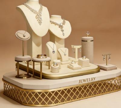 China Luxury Beige Velvet Jewelry Display Set, Necklace Bust with Gold Metal Grid Base for High-End Jewelry for sale