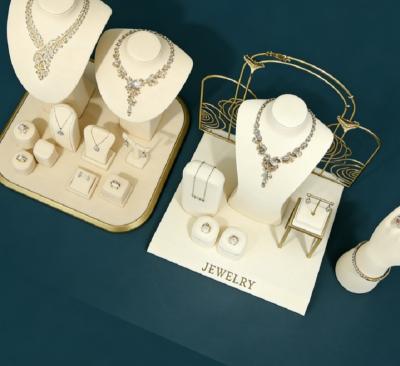 China Luxury Chinese Style Beige Velvet Jewelry Display Set, Necklace Bust with Gold Cloud Metal Frame for High-End Jewelry for sale