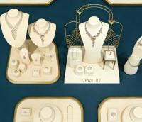 China Luxury Chinese Style Beige Velvet Jewelry Display Set, Necklace Bust with Gold Cloud Metal Frame for High-End Jewelry for sale