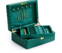 China Luxury Emerald Green Quilted Leather Large Jewelry Box with Lock, Multi-Layer Organizer for Rings, Earrings, Necklaces & Watches for sale