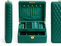 China Luxury Emerald Green Quilted Leather Large Jewelry Box with Lock, Multi-Layer Organizer for Rings, Earrings, Necklaces & Watches for sale
