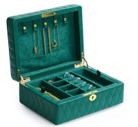 China Luxury Emerald Green Quilted Leather Large Jewelry Box with Lock, Multi-Layer Organizer for Rings, Earrings, Necklaces & Watches for sale