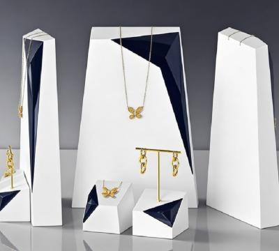 China Modern Geometric White & Navy Blue Jewelry Display Set, Acrylic Necklace Earring Ring Stand for Luxury Jewelry Store for sale