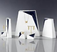 China Modern Geometric White & Navy Blue Jewelry Display Set, Acrylic Necklace Earring Ring Stand for Luxury Jewelry Store for sale