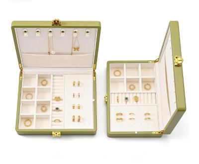 China Handcrafted PU Leather Jewelry Storage Case, Premium Green Jewelry Organizer with Gold Lock & Drawer for High-End Jewelry for sale