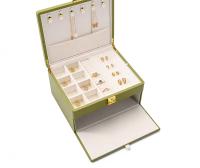 China Handcrafted PU Leather Jewelry Storage Case, Premium Green Jewelry Organizer with Gold Lock & Drawer for High-End Jewelry for sale
