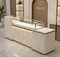 China High-End Custom Jewelry Shop Reception Counter Premium Travertine Texture Front Desk with Arch Design and LED Ambient Light for sale