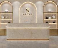China High-End Custom Jewelry Shop Reception Counter Premium Travertine Texture Front Desk with Arch Design and LED Ambient Light for sale