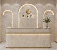 China High-End Custom Jewelry Shop Reception Counter Premium Travertine Texture Front Desk with Arch Design and LED Ambient Light for sale