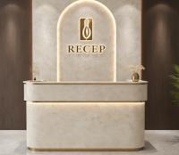China High-End Custom Jewelry Shop Reception Counter Premium Travertine Texture Front Desk with Arch Design and LED Ambient Light for sale