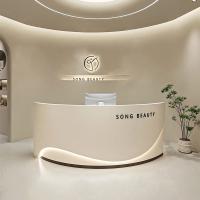 China Reception Desk with Marble-effect Veneer Premium Cashier Counter with LED Ambient Lighting for Jewelry Shop Counter for sale