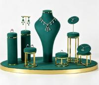 China Luxury Dark Green Velvet Jewelry Display Set, Gold Metal Jewelry Display Props for Necklaces, Earrings & Rings for sale