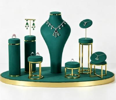 China Luxury Dark Green Velvet Jewelry Display Set, Gold Metal Jewelry Display Props for Necklaces, Earrings & Rings for sale