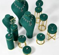 China Luxury Dark Green Velvet Jewelry Display Set, Gold Metal Jewelry Display Props for Necklaces, Earrings & Rings for sale