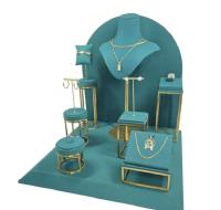 China Custom Luxury Jewelry Store Teal Velvet & Gold Display Props Set, Jewelry Stand for sale
