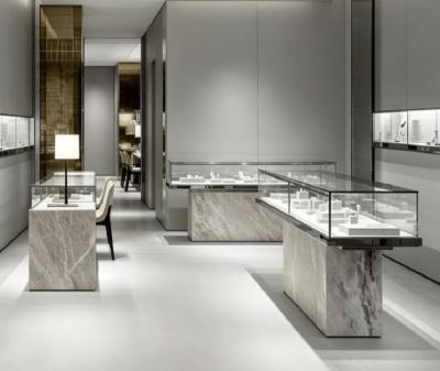 China Minimalist Marble Pattern Jewelry Store Interior Design, Complete Turnkey Fixture Package with Sleek Linear Showcase for sale