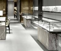 China Minimalist Marble Pattern Jewelry Store Interior Design, Complete Turnkey Fixture Package with Sleek Linear Showcase for sale