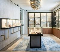 China Industrial Chic Concrete Walnut Wood LED Eco-Friendly Jewelry Store Interior Design Complete Turnkey Fixture Package Minimalist for sale