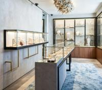 China Industrial Chic Concrete Walnut Wood LED Eco-Friendly Jewelry Store Interior Design Complete Turnkey Fixture Package Minimalist for sale