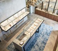 China Industrial Chic Concrete Walnut Wood LED Eco-Friendly Jewelry Store Interior Design Complete Turnkey Fixture Package Minimalist for sale
