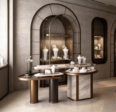 China Modern Luxury Champagne Gold & Marble Jewelry Store Interior Design, Complete Turnkey Fixture Package with Arched Wall Showcase for sale