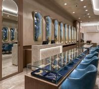 China Luxury Walnut Wood & Navy Blue Jewelry Store Interior Design, Complete Turnkey Fixture Package with Arched Wall Showcase for sale
