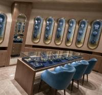 China Luxury Walnut Wood & Navy Blue Jewelry Store Interior Design, Complete Turnkey Fixture Package with Arched Wall Showcase for sale