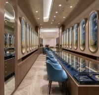 China Luxury Walnut Wood & Navy Blue Jewelry Store Interior Design, Complete Turnkey Fixture Package with Arched Wall Showcase for sale